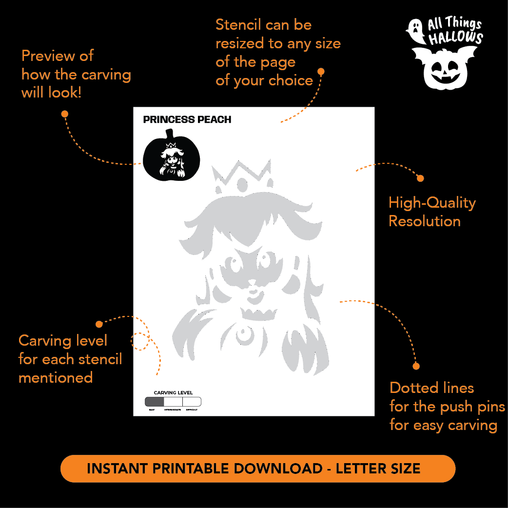 Princess Peach Pumpkin Stencil (Super Mario) - Allthingshallows.com ...